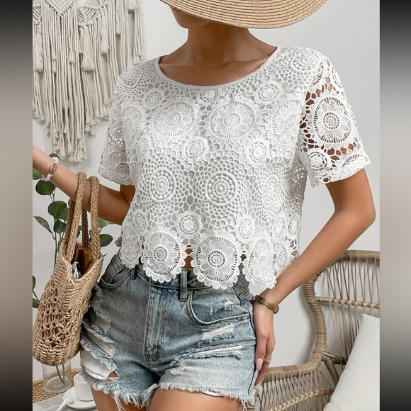 Tops | Boho Floral Crochet Sheer Mesh Lace Cropped Top Shirt White ...